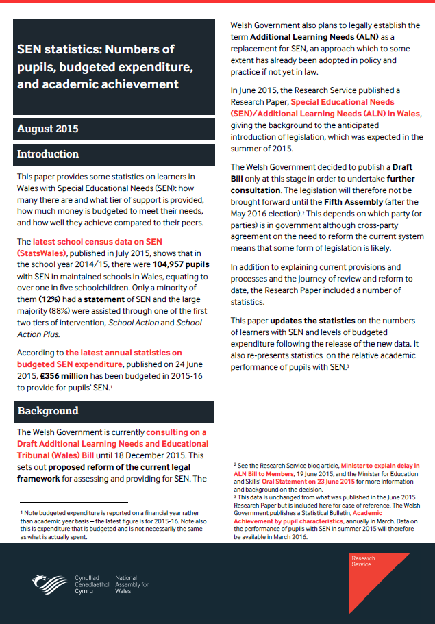 New publication: SEN statistics: Numbers of pupils, budgeted ...