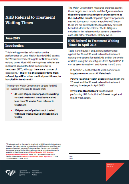 New Publication: NHS Referral to Treatment Waiting Times (19/06/2015)