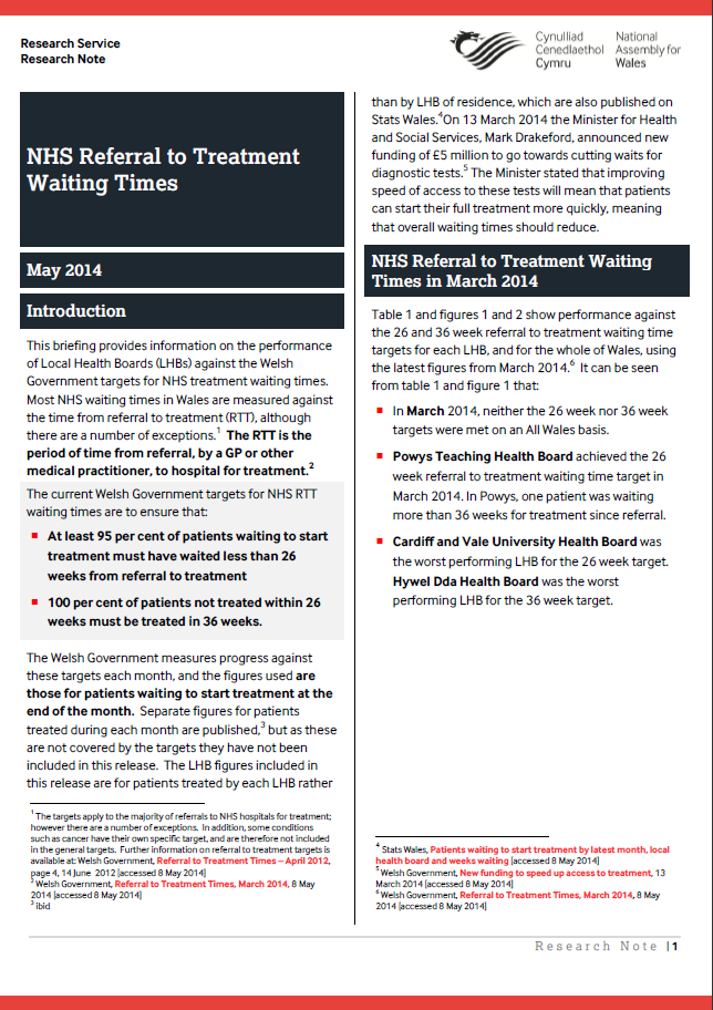 New Publication: NHS Referral to Treatment Waiting Times (19/05/2014)