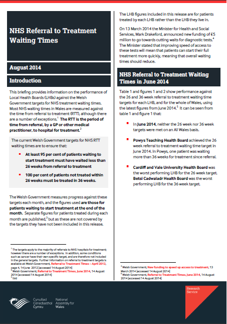 New Publication: NHS Referral to Treatment Waiting Times (27/08/2014)