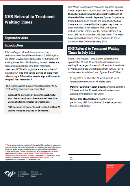 New Publication: NHS Referral to Treatment Waiting Times (21/09/2015)