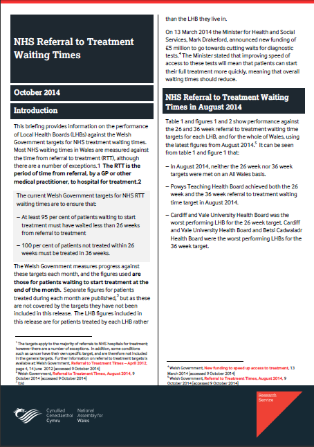 New Publication: NHS Referral to Treatment Waiting Times (15/10/2014)