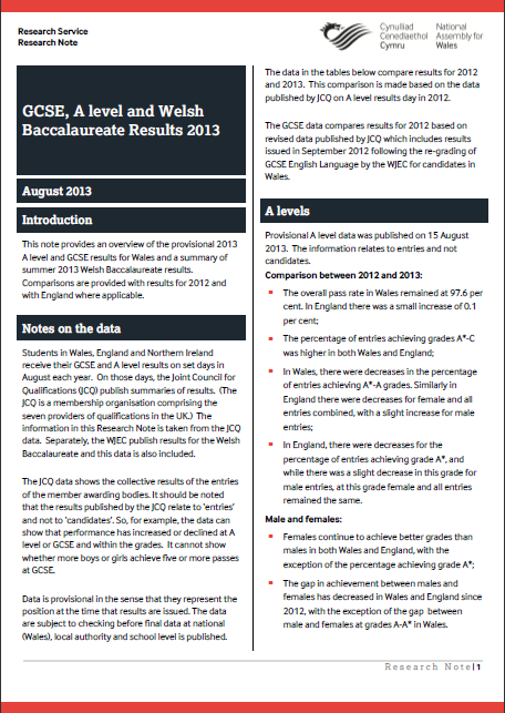 New Publication: GCSE, A level and Welsh Baccalaureate Results 2013